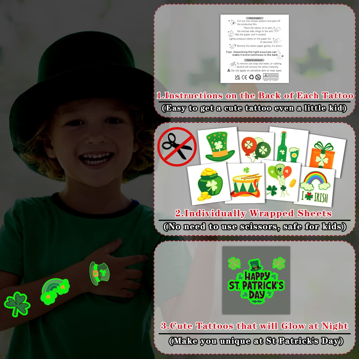 Partywind 204 Styles Glow St Patrick's Day Tattoos for Kids, Individually Wrapped Sheets Saint Patrick's Day Decorations for Party Supplies, Irish Shamrock Accessories Tattoo Stickers