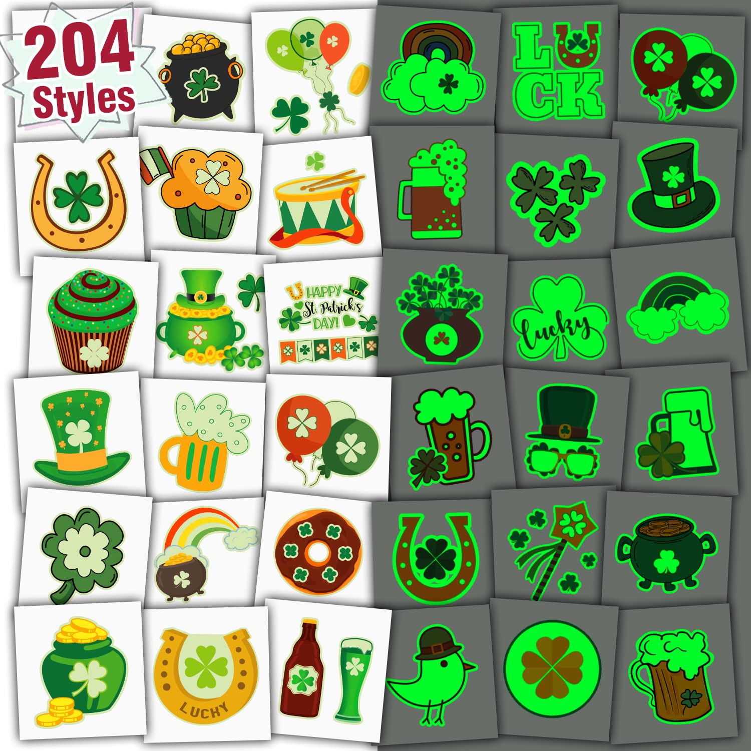 Partywind 204 Styles Glow St Patrick's Day Tattoos for Kids, Individually Wrapped Sheets Saint Patrick's Day Decorations for Party Supplies, Irish Shamrock Accessories Tattoo Stickers