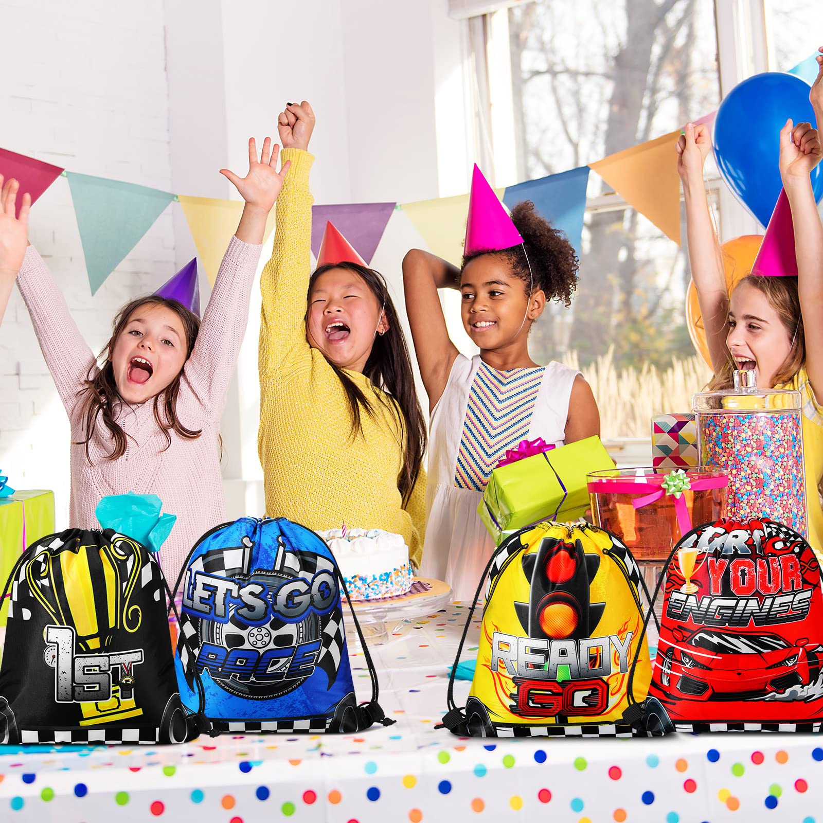 Ferraycle 16 Pcs Race Car Birthday Party Supplies Race Car Favor Bags Race Car Drawstring Bags Goodie Bags for Gifts, 4 Styles