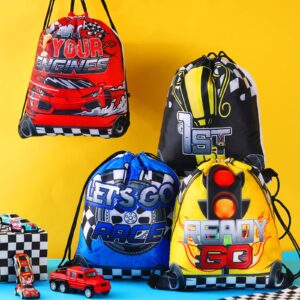 Ferraycle 16 Pcs Race Car Birthday Party Supplies Race Car Favor Bags Race Car Drawstring Bags Goodie Bags for Gifts, 4 Styles