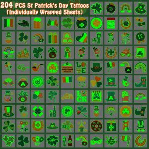 Partywind 204 Styles Glow St Patrick's Day Tattoos for Kids, Individually Wrapped Sheets Saint Patrick's Day Decorations for Party Supplies, Irish Shamrock Accessories Tattoo Stickers