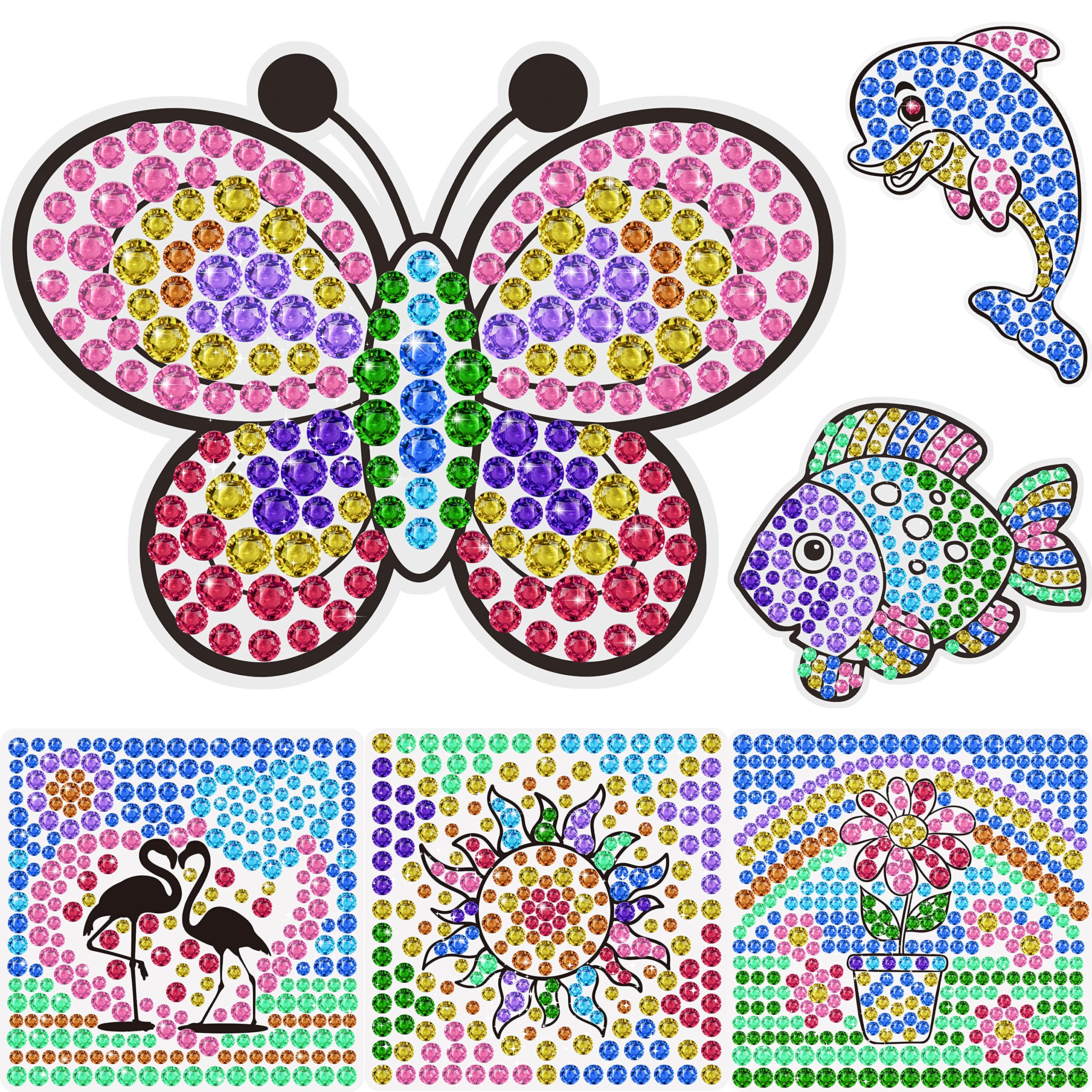 Yazhiji 6 Sheets Diamond Window Art Craft Kits for Kids, Suncatcher Kit for Ages 6 7 8 9 10 Flower Sun Dolphin DIY Painting Kit for Girls or Boys Ages 6+ Gemstone Sticker as Christmas Party Decor