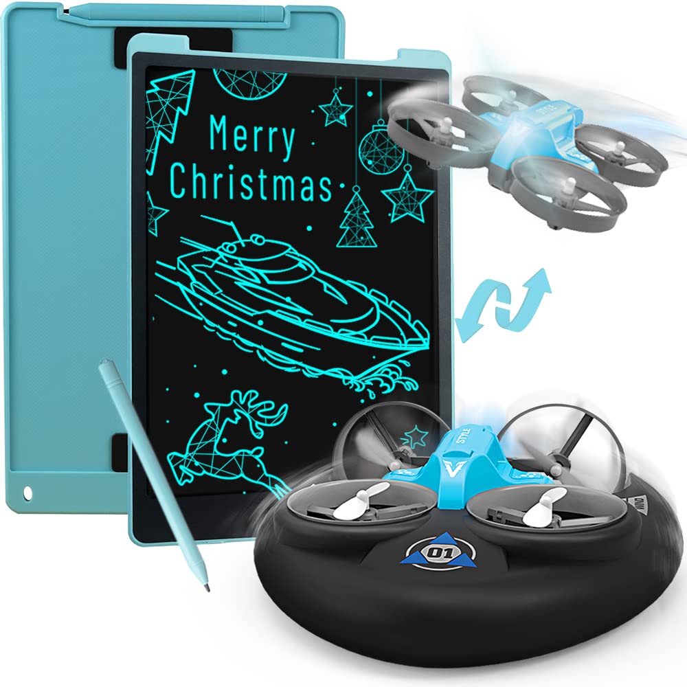 Christmas Idea Gifts for Boys, 3 in 1 Remote Control Boats, Mini Car Drone RC Helicopter Plane, and 12" LCD Writing Tablet, Erasable Doodle Board Toys for Boys