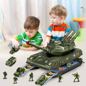 You And I Hooray Army Tank Toys for Boys 3 4 5 6 7 8 Years Old, Military Vehicles Play Set with 6 Mini Die-Cast Cars Helicopter & 10 Army Men Toy Soldiers, Gifts for Kids Age 3+