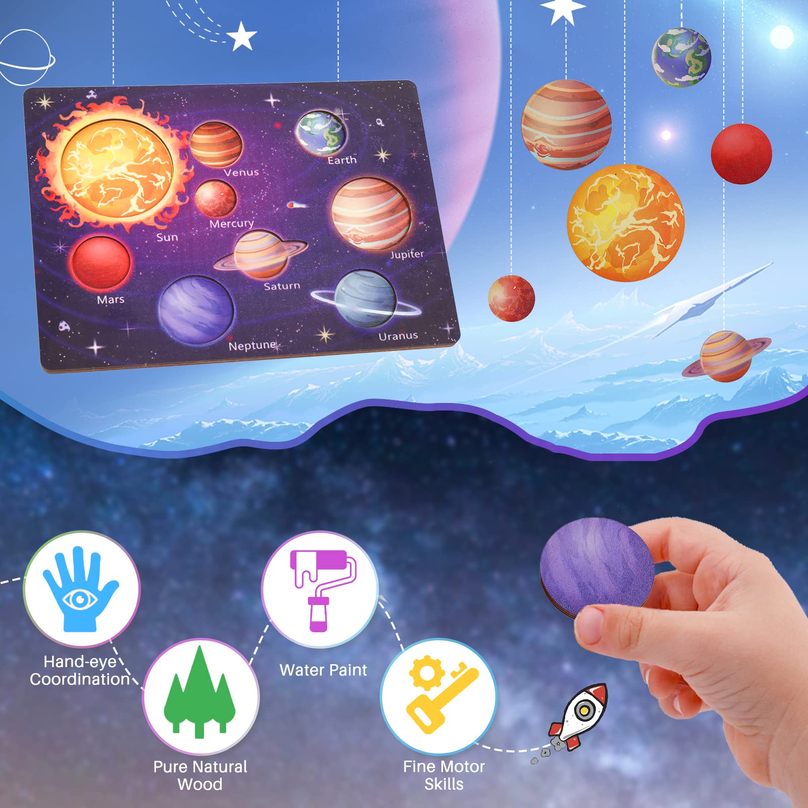 Zeoddler Upgrated Solar System Puzzle for Kids 3-6, Wooden Space Toys for Kids, Planets for Kids Preschool Learning Activities, Gift for Boys, Girls