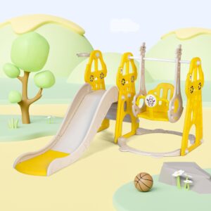 4-in-1 toddler slide and swing set with extra large playground, basketball hoop & climber, indoor/outdoor playset, taxi collection – yellow