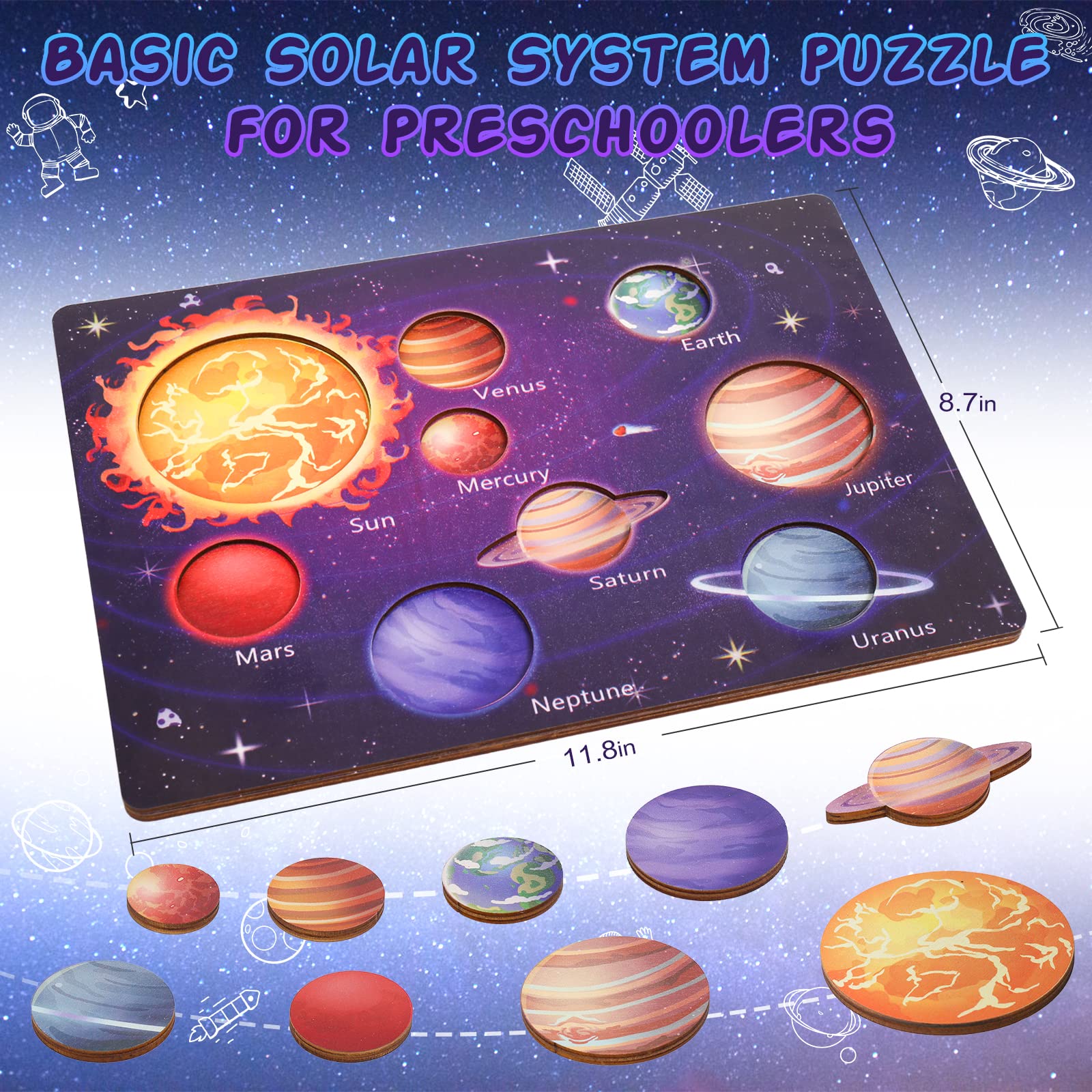 Zeoddler Upgrated Solar System Puzzle for Kids 3-6, Wooden Space Toys for Kids, Planets for Kids Preschool Learning Activities, Gift for Boys, Girls