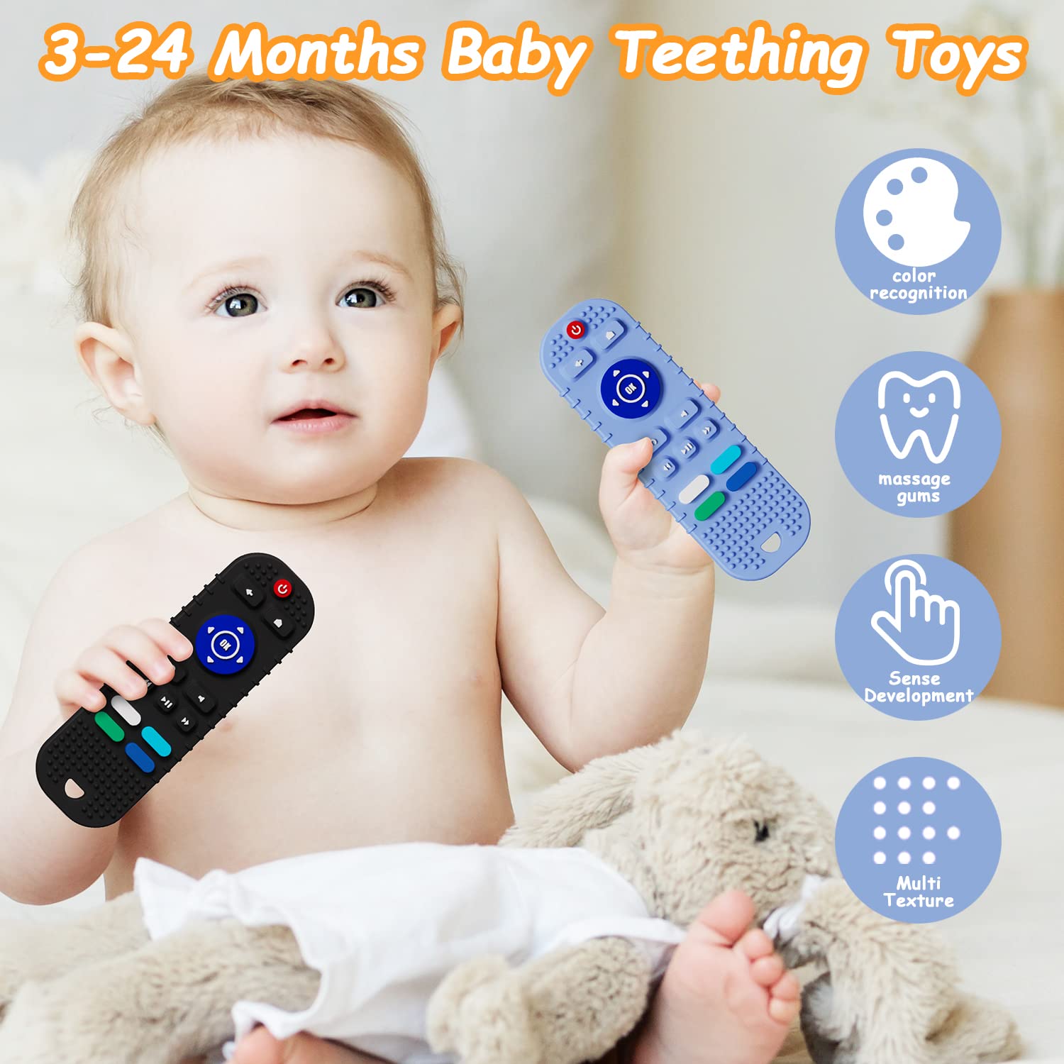 Mgtfbg 2 Pack Soft Silicone Teething Toys for Toddlers, Babies 6-12 Months - Boys Girls Baby Molar Teether Chew Toys Set, Remote Control Shape Teething Toys Gift（Blue+Black）