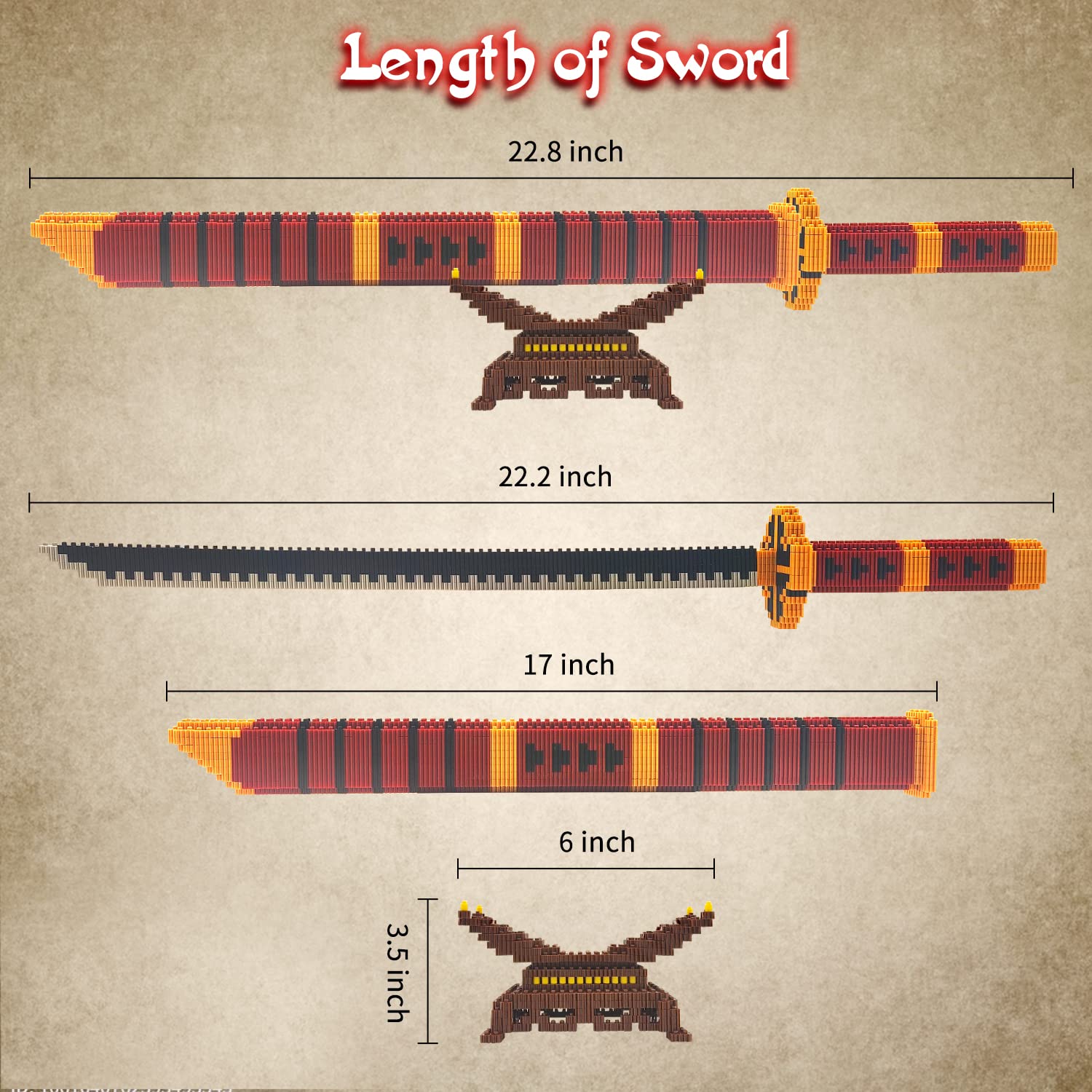 JESGO Cosplay Anime Swords Building Blocks, 22.8in One Piece Yamato Roronoa Zoro Katana Sword Building Set with Scabbard & Stand, Demon Slayer Samurai for Kid(1000+PCS)