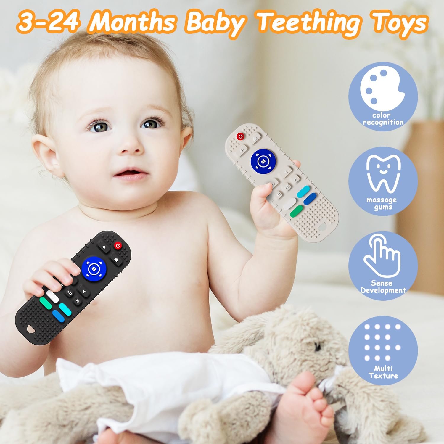 Mgtfbg 2 Pack Soft Silicone Teething Toys for Toddlers, Babies, Boys, Girls, 6-12 Months Baby Remote Control Shape Molar Teether Chew Toys Set Gift（Black+Grey）