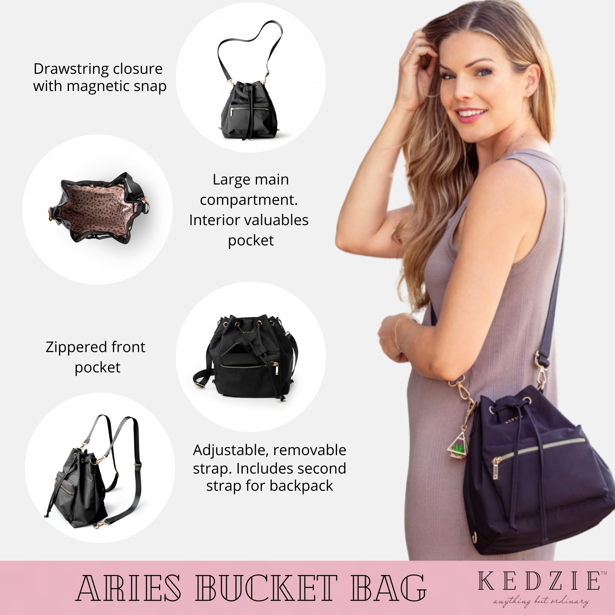 KEDZIE Aries Convertible Bucket Bag 3-Way Backpack Crossbody Strap Purse for Women - Olive