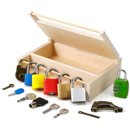 Woodtoe 8 PCS Montessori Lock and Key Toy Set for Toddlers, Wooden Montessori Materials, Homeschool Preschool Keys and Locks Learning, Educational Birthday Toys for 3+ Year Old Kids Boys Girls