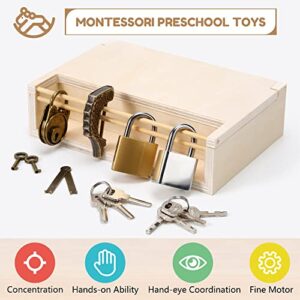 Woodtoe 8 PCS Montessori Lock and Key Toy Set for Toddlers, Wooden Montessori Materials, Homeschool Preschool Keys and Locks Learning, Educational Birthday Toys for 3+ Year Old Kids Boys Girls