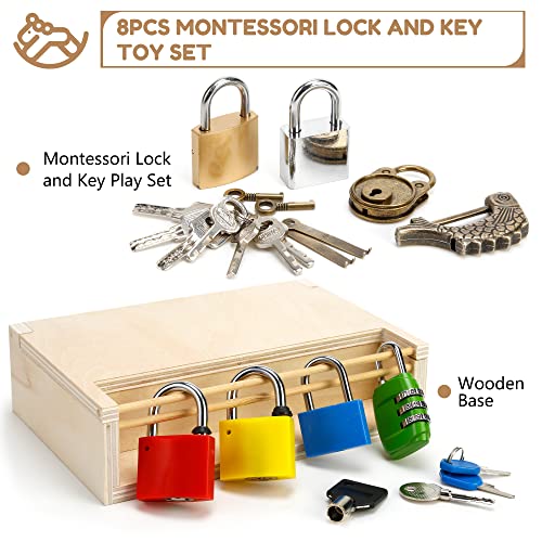 Woodtoe 8 PCS Montessori Lock and Key Toy Set for Toddlers, Wooden Montessori Materials, Homeschool Preschool Keys and Locks Learning, Educational Birthday Toys for 3+ Year Old Kids Boys Girls