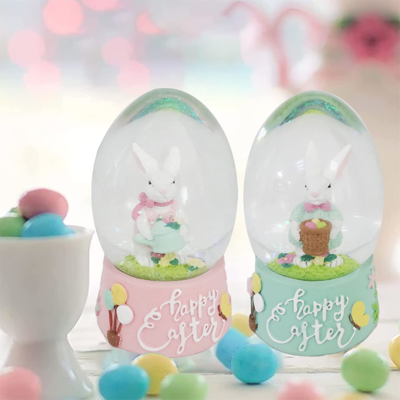 Aobaks S/2 Easter Bunny Snow Globe Decorations, Easter Rabbit Decor, Rabbit Decor, Easter Bunny Figurine, Spring Decoration, conejos de Pascua Home Decor