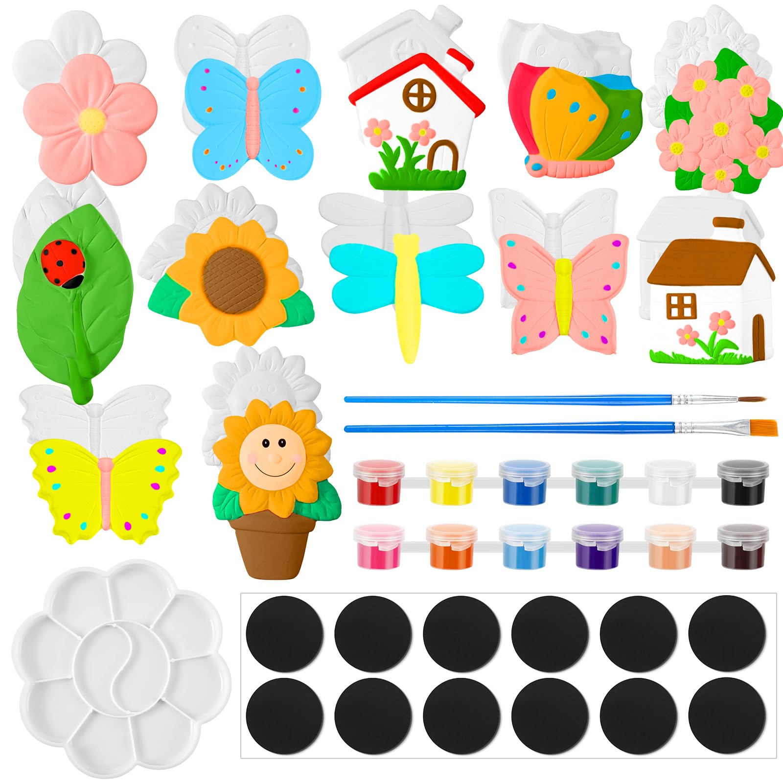 27 Pcs Arts and Crafts Set Painting Kit for Kids Include 12 Unpainted DIY Ceramic Figurines Paint Your Own Figurines with 12 Magnet 2 Brushes and 1 Palette Ceramic Painting Kit for Toddler (Butterfly)