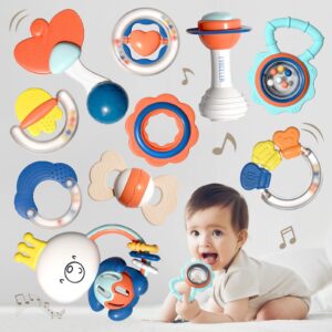 evoceler baby rattles - 10 pcs food grade teething toys 0-12 months, features rattle sound, soft baby rattles 0-6 months for gums soothing, baby teether baby shower gifts with storage box