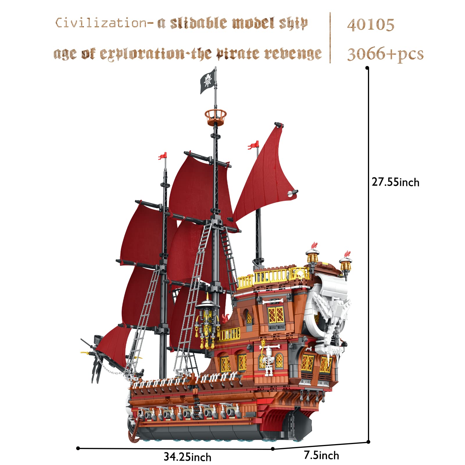 JMBricklayer Pirate Ship Model Building Sets, Red Pirate Revenge Pirate Ship Toy Construction Set, Collection or Display, Gifts for Boys Teens Adults