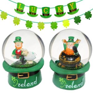 aobaks st patrick's day decorations, 2 pack snow globe crafts present for kids, st patrick day accessories for women, leprechaun collectible figurines table decor for the home