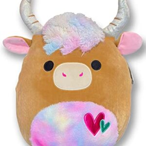 Squishmallows Official Kellytoy 16 Inch Candela Brown Highland Cow with Rainbow Fuzzy Mane and Belly - Pink Nostrils - 2023 Valentine's Squad Stuffed Animal Toy Pillow