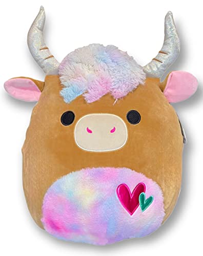 Squishmallows Official Kellytoy 16 Inch Candela Brown Highland Cow with Rainbow Fuzzy Mane and Belly - Pink Nostrils - 2023 Valentine's Squad Stuffed Animal Toy Pillow