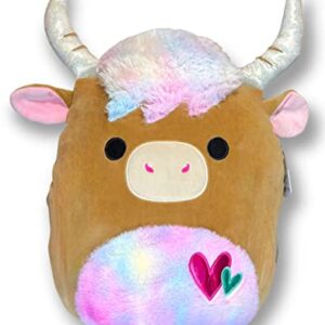 Squishmallows Official Kellytoy 16 Inch Candela Brown Highland Cow with Rainbow Fuzzy Mane and Belly - Pink Nostrils - 2023 Valentine's Squad Stuffed Animal Toy Pillow