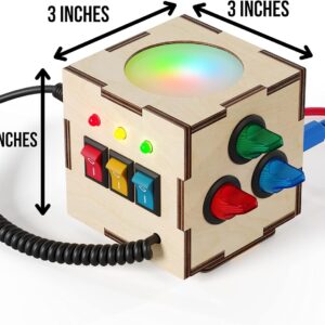 Montessori Busy Board Fidget Cube for Toddlers {Improved 2023 Version} Wooden Sensory Activity Cube Toys for Toddlers LED Light Up Buttons Pluggable Wires Baby Gifts Educational Learning Fidget Toy