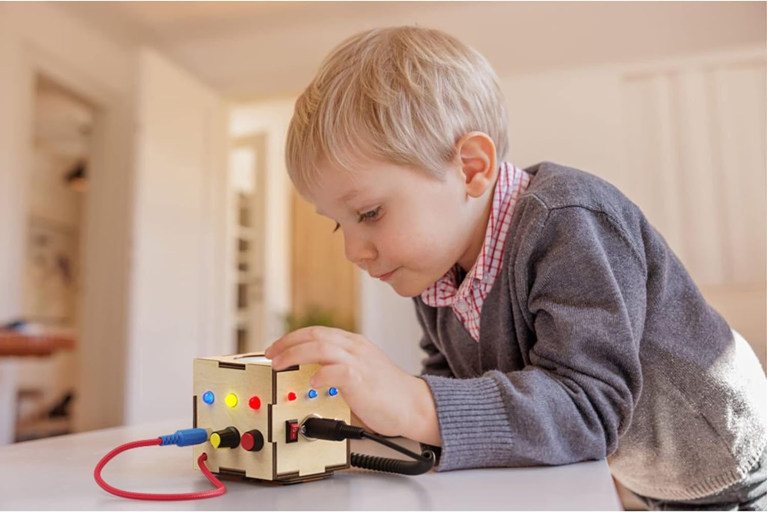 Montessori Busy Board Fidget Cube for Toddlers {Improved 2023 Version} Wooden Sensory Activity Cube Toys for Toddlers LED Light Up Buttons Pluggable Wires Baby Gifts Educational Learning Fidget Toy