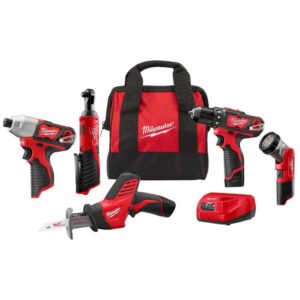 milwaukee m12 12v cordless combo kit 5-tools: 2407-20 3/8 in. drill/driver + 2462-20 1/4 in. hex impact driver + 2420-20 hackzall recip saw + 2457-20 3/8 in. ratchet + 49-24-0146 led worklight