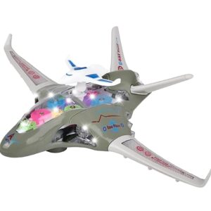 artcreativity light up transparent fighter jet for kids, bump and go kids airplane with colorful spinning gears, music, & led effects, fun toy airplane for boys and girls