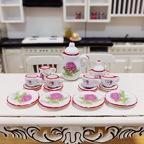 15 Pack Miniature Ceramic Doll Tea Set Dollhouse Tea Cup Set Decoration Accessories for Scale 1:12 Dollhouse Craft (Confederate rose)