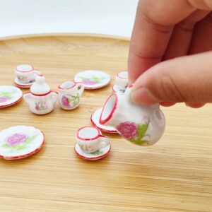 15 Pack Miniature Ceramic Doll Tea Set Dollhouse Tea Cup Set Decoration Accessories for Scale 1:12 Dollhouse Craft (Confederate rose)