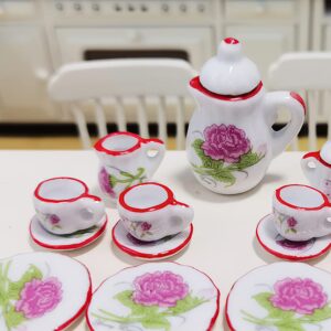 15 Pack Miniature Ceramic Doll Tea Set Dollhouse Tea Cup Set Decoration Accessories for Scale 1:12 Dollhouse Craft (Confederate rose)