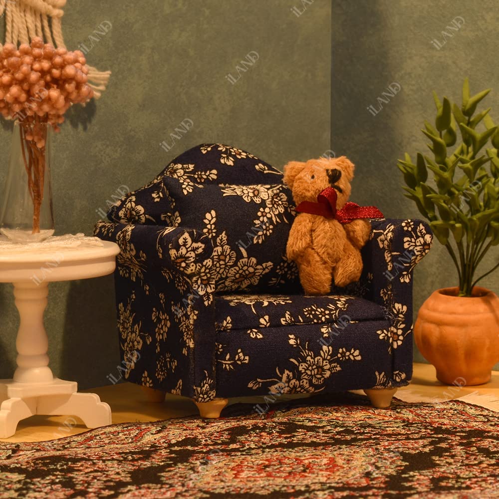 iLAND Dollhouse Furniture on 1/12 Scale for Dollhouse Living Room incl Sofa w/Pillow & End Table & Rug (Blue White Floral Armchairs Set)