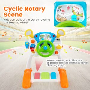 HONEY JOY Steering Wheels Toys for Toddler Boys Girls, Pretend Play Learning Driver Toy Cars for Preschool Baby, Lights & Music, Interphone, Pedal, My First Driving Educational Musical Toy w/Stool