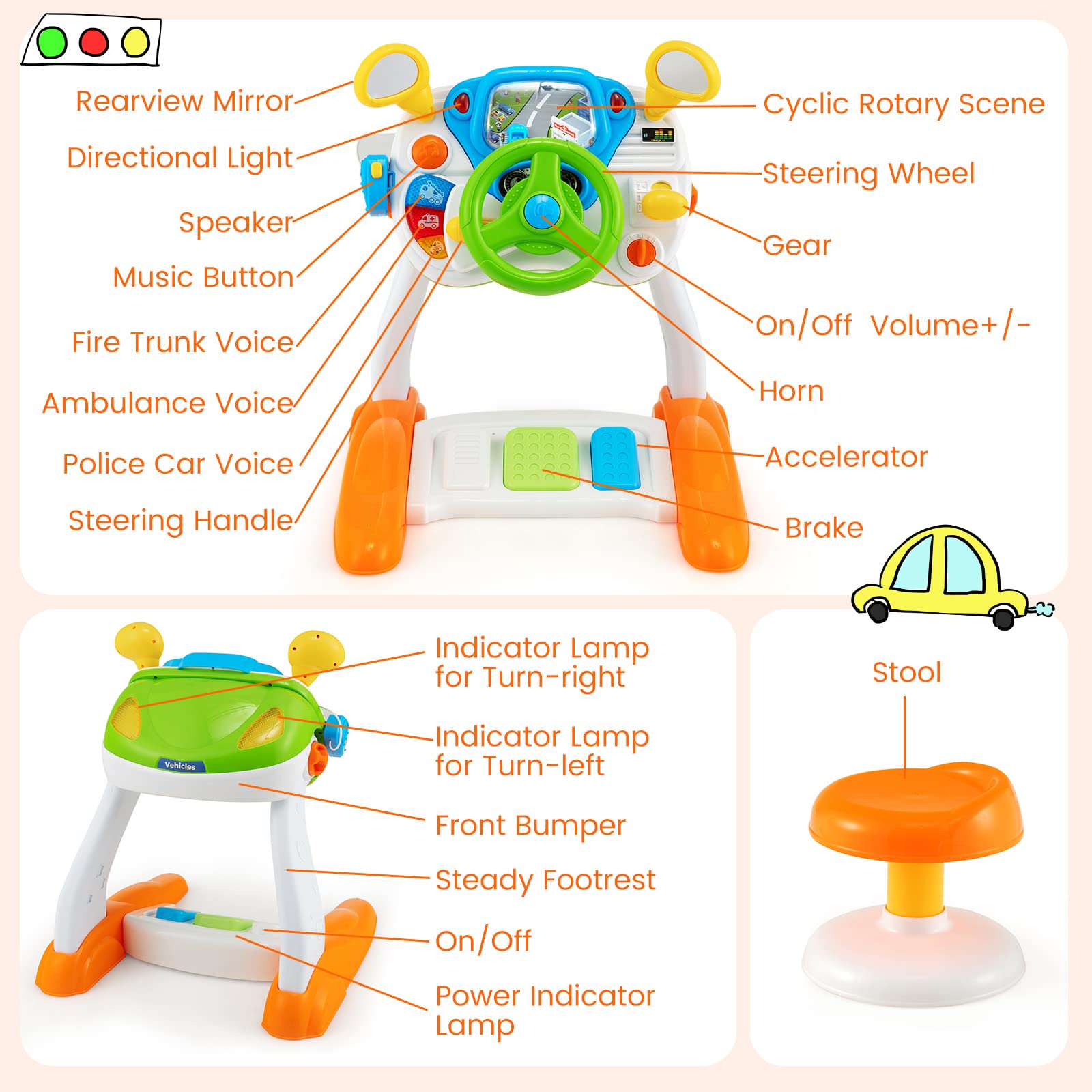 HONEY JOY Steering Wheels Toys for Toddler Boys Girls, Pretend Play Learning Driver Toy Cars for Preschool Baby, Lights & Music, Interphone, Pedal, My First Driving Educational Musical Toy w/Stool