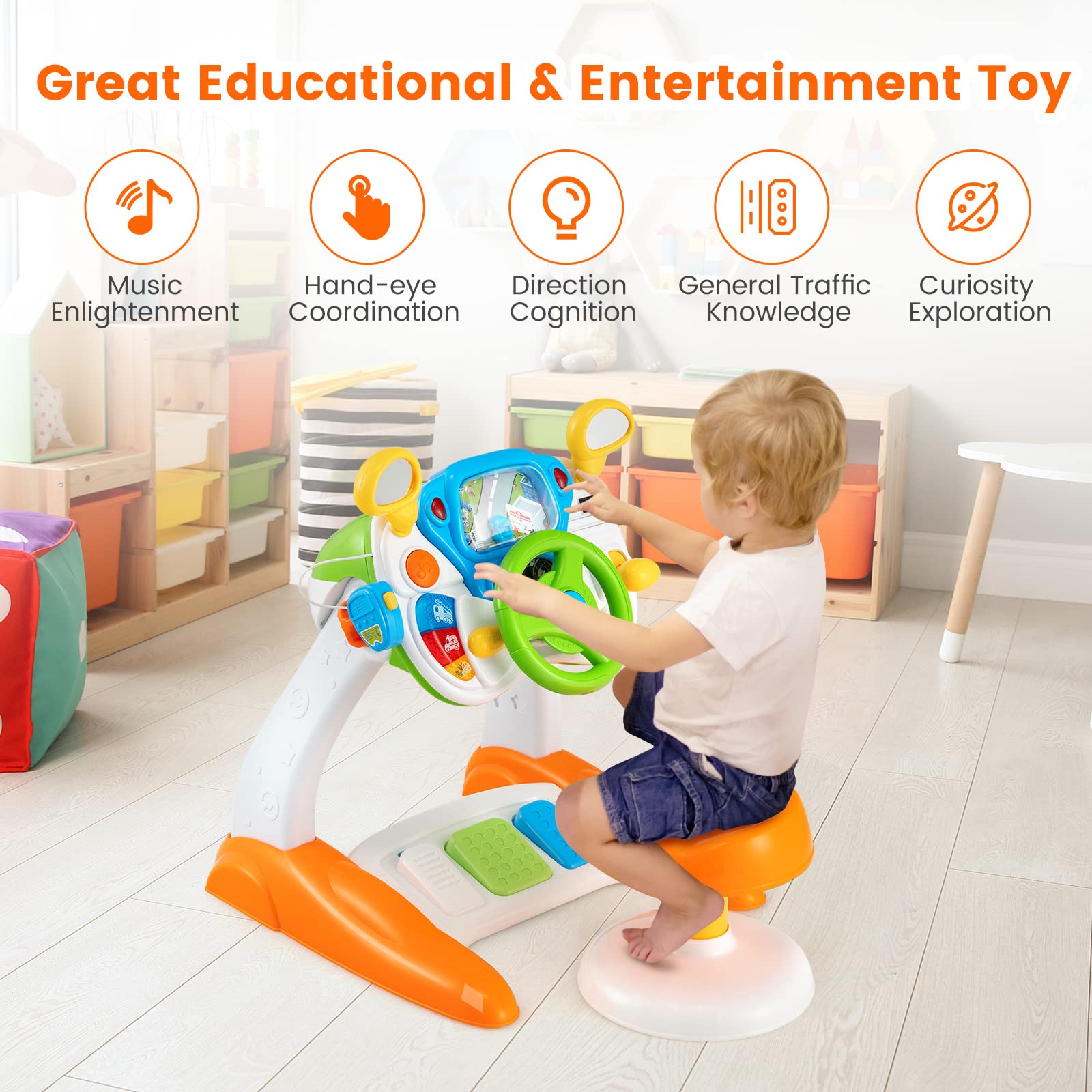 HONEY JOY Steering Wheels Toys for Toddler Boys Girls, Pretend Play Learning Driver Toy Cars for Preschool Baby, Lights & Music, Interphone, Pedal, My First Driving Educational Musical Toy w/Stool