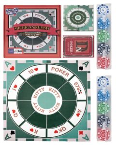 michigan rummy deluxe board game set : felt game mat + 2 boxes of playing chips (200 pieces) + 1 deck of poker + 1 game manual. the perfect blend of rummy and poker, perfect for family game night