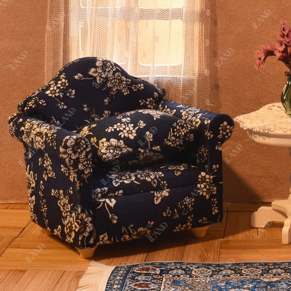 iLAND Dollhouse Furniture on 1/12 Scale for Dollhouse Living Room incl Sofa w/Pillow & End Table & Rug (Blue White Floral Armchairs Set)