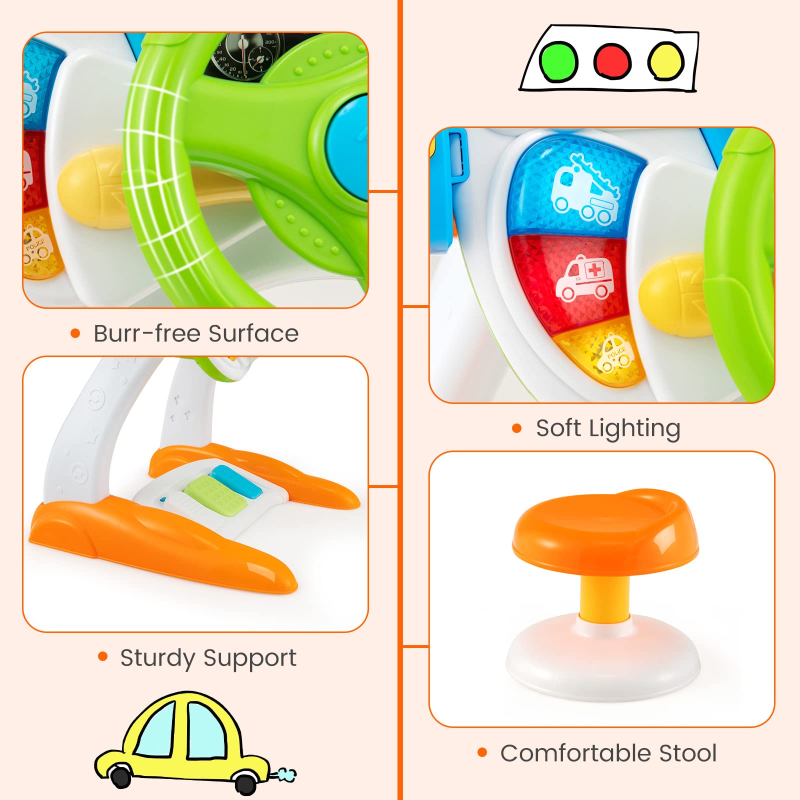 HONEY JOY Steering Wheels Toys for Toddler Boys Girls, Pretend Play Learning Driver Toy Cars for Preschool Baby, Lights & Music, Interphone, Pedal, My First Driving Educational Musical Toy w/Stool