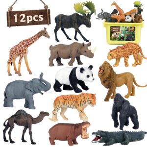 safari animal toys figures, 12 pcs realistic jumbo wild jungle animals figurines, large african zoo animal playset with lion,elephant,giraffe, plastic animal learning toys for kids toddlers boys