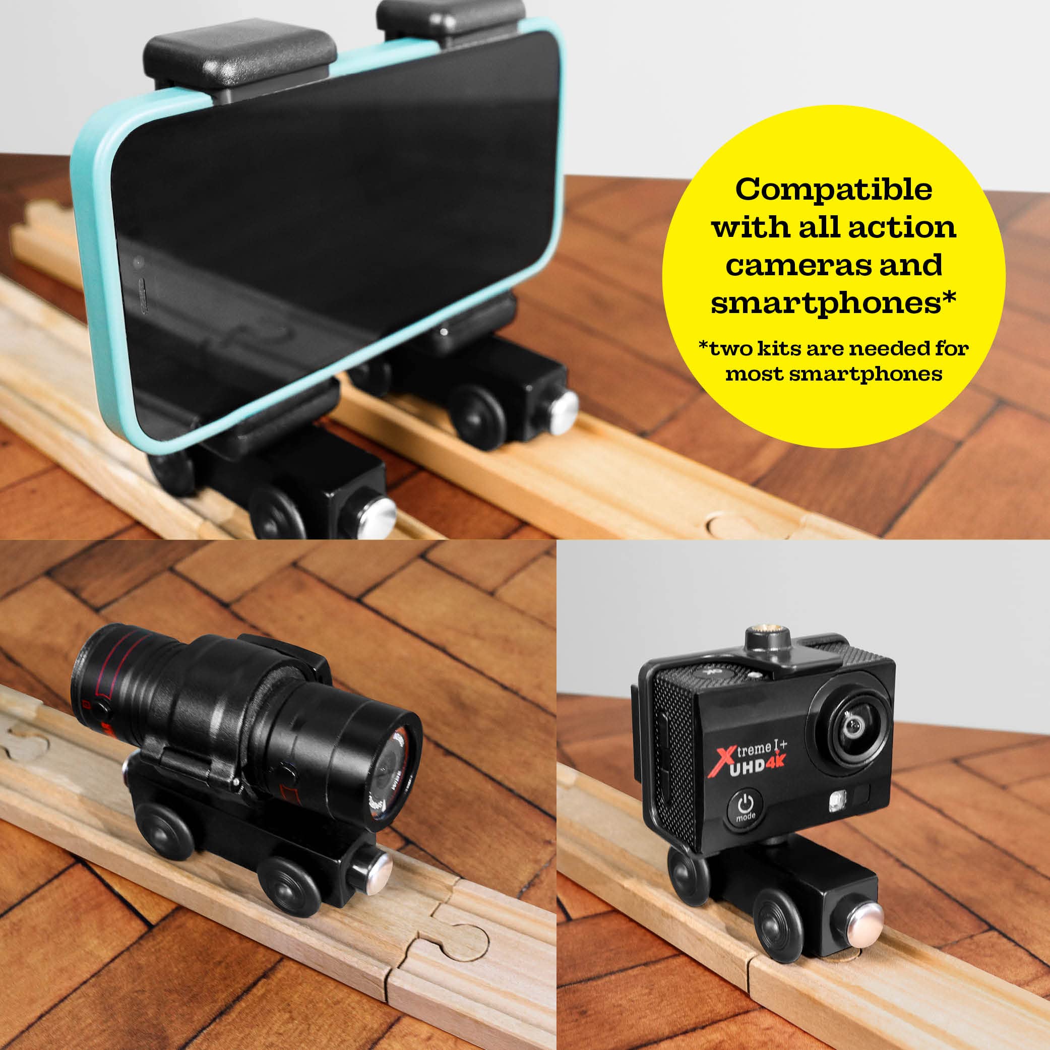 Wooden Custom Camera Car - Make Tracking Shots with Action Camera Mount Accessory - Compatible with GoPro Hero, Session, Gopro Max, Insta360, Xiaomi Yi DJI AKASO Campark - Make 3D Printed Trains