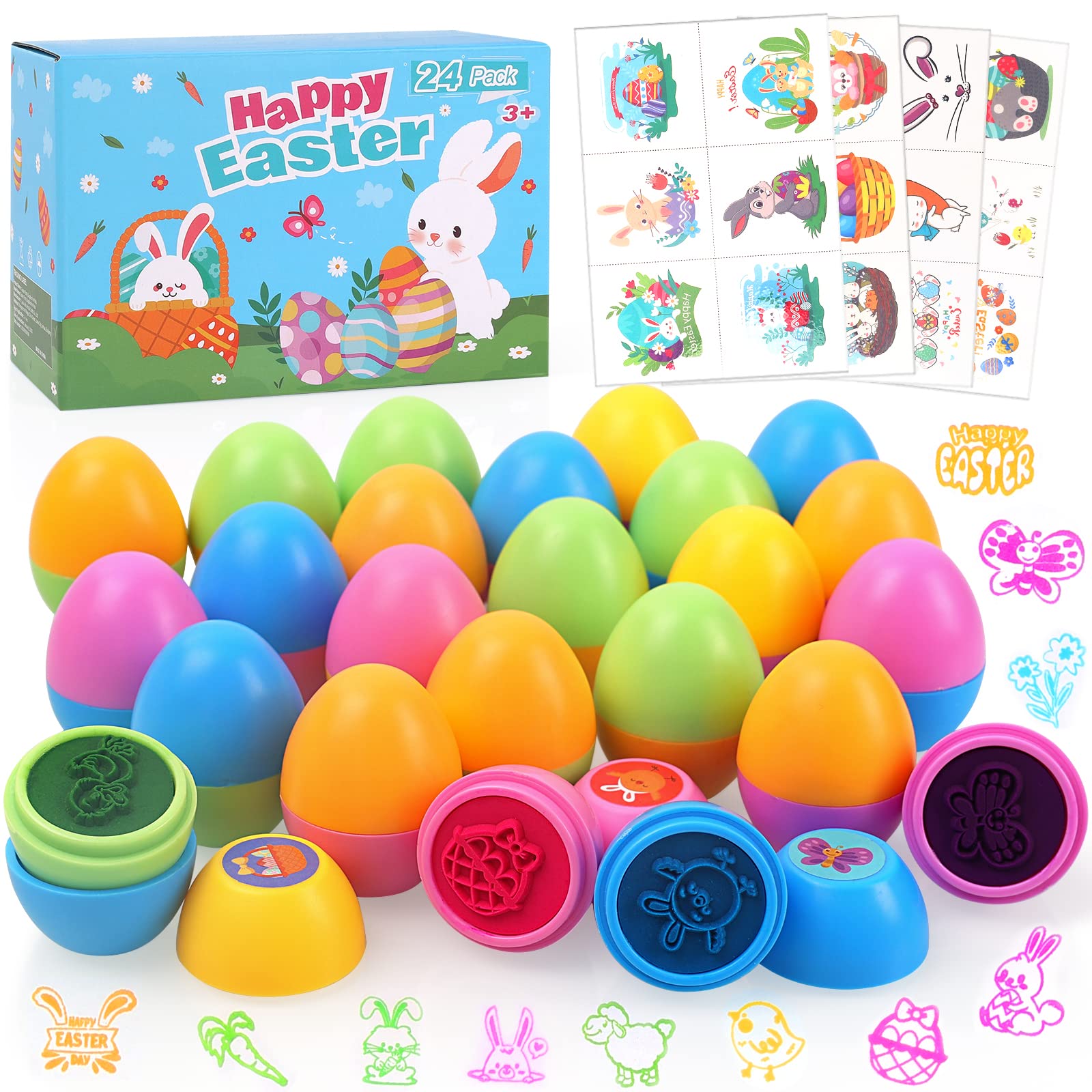 Easter Eggs Kids Easter Basket Stuffers - 24Pack Self Inking Stamps with Easter Tattoos for Kids, Plastic Easter Eggs Toys And Treats for Kids, Easter Stuff for Easter Decorations, Gifts, Party Favors