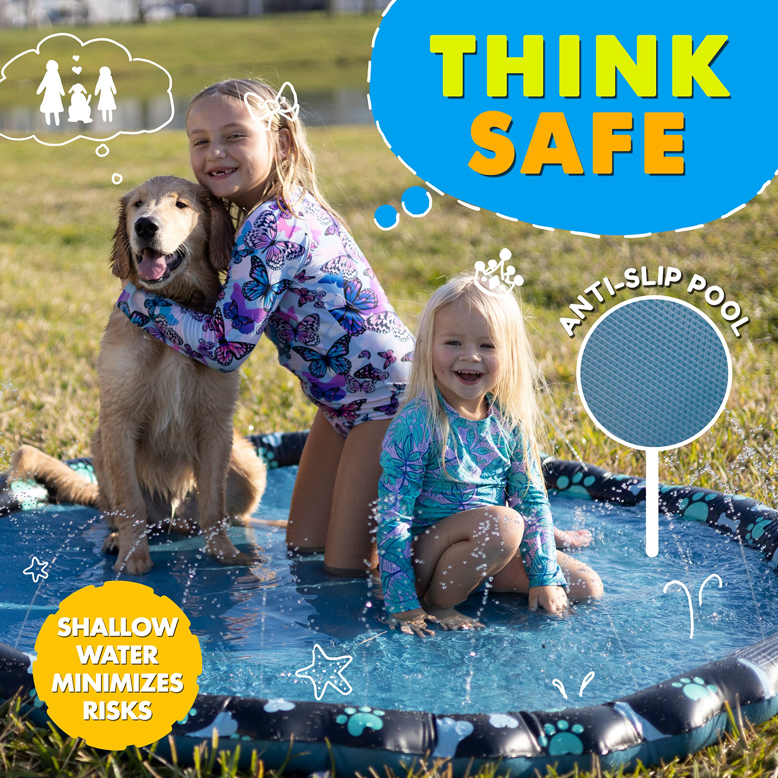 SplashEZ Non Slip Splash Pad for Kids and Dogs, 69’’ Extra Large Sprinkler Kids, Dog Water Summer Toys – Great Outdoor toys toddlers 1-3 ages 4-8 | Wading Pool Backyard