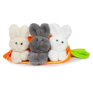 easter hide-and-seek bunnies in carrot pouch,three bunnies in a carrot purse,carrot plush toy,plush stuffed animal surprise zip up carrot hideaway,unzip the rabbit doll toy,easter doll zipper purse