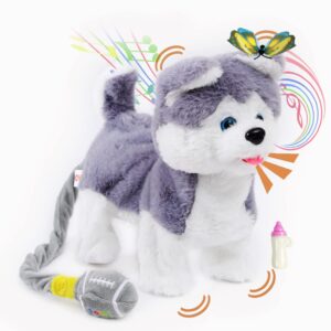 ayortoy plush interactive children's toy husky dog with control leash toy dog can walk and bark, repeat what you say, ear movement, singing, electronic realistic dog filling animal, 11.4 inches