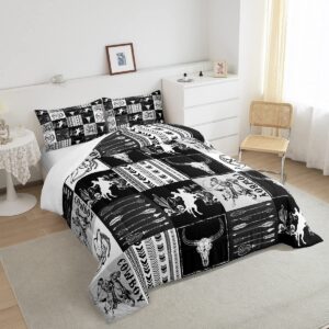 Manfei Western Cowboy Comforter Set Queen Size, Bull Skull Horse Arrow Print Bedding Set 3pcs for Kids Boys Teens Bedroom Decor, Geometric Grid Black Plaid Print Quilt Set with 2 Pillowcases