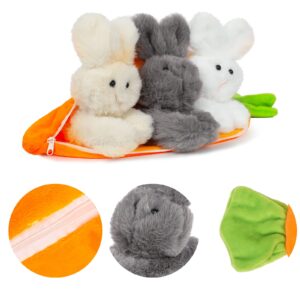 Easter Hide-and-Seek Bunnies in Carrot Pouch,Three Bunnies in a Carrot Purse,Carrot Plush Toy,Plush Stuffed Animal Surprise Zip Up Carrot Hideaway,Unzip The Rabbit Doll Toy,Easter Doll Zipper Purse