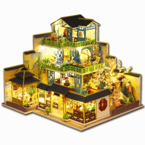 yuzhen diy miniature dollhouse with furniture and led lights, japanese style wooden mini-house includes dustcover and music movement, collectibles for hobbies