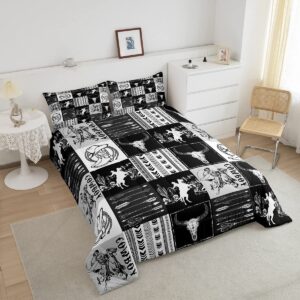 Manfei Western Cowboy Comforter Set Queen Size, Bull Skull Horse Arrow Print Bedding Set 3pcs for Kids Boys Teens Bedroom Decor, Geometric Grid Black Plaid Print Quilt Set with 2 Pillowcases